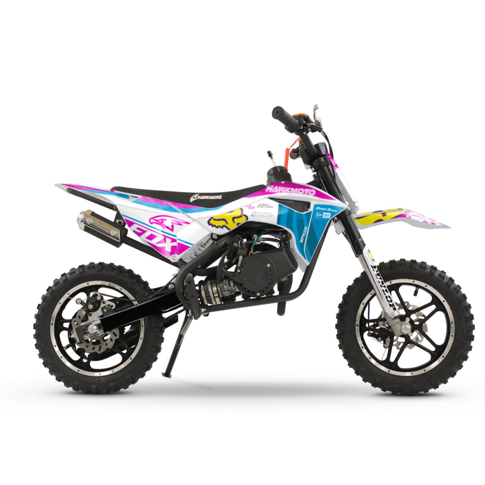 Hawkmoto Mayhem V2 50cc Kids Mini Dirt Bike White - Pink Fox - Outside Play