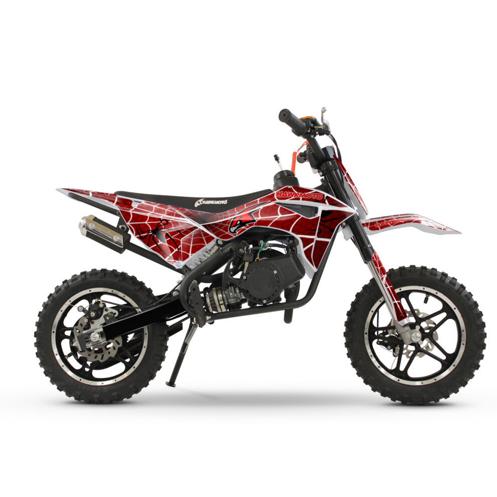 Hawkmoto Mayhem V2 50cc Kids Mini Dirt Bike White - Spider - Outside Play